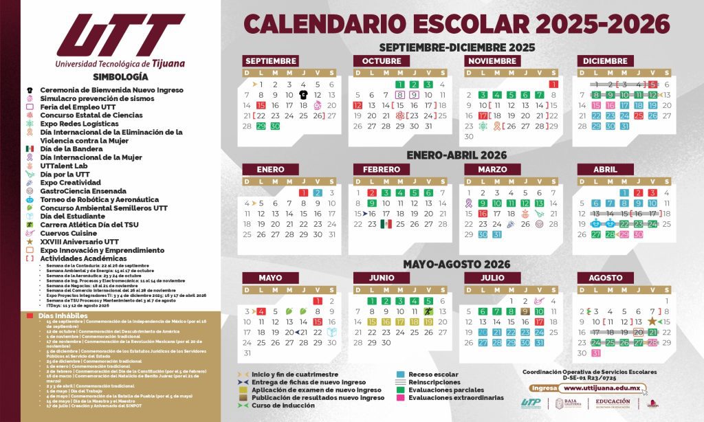 Calendario Escolar 2025-2026 – Universidad Tecnológica de Tijuana UTT